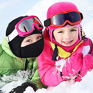 4 Pcs Kids Balaclava Ski Mask and Fleece Gloves Set Winter Hat Face Mask Warm Full Finger Glove for Boys Girls 8-12 Years Old (Black, Rose Red)