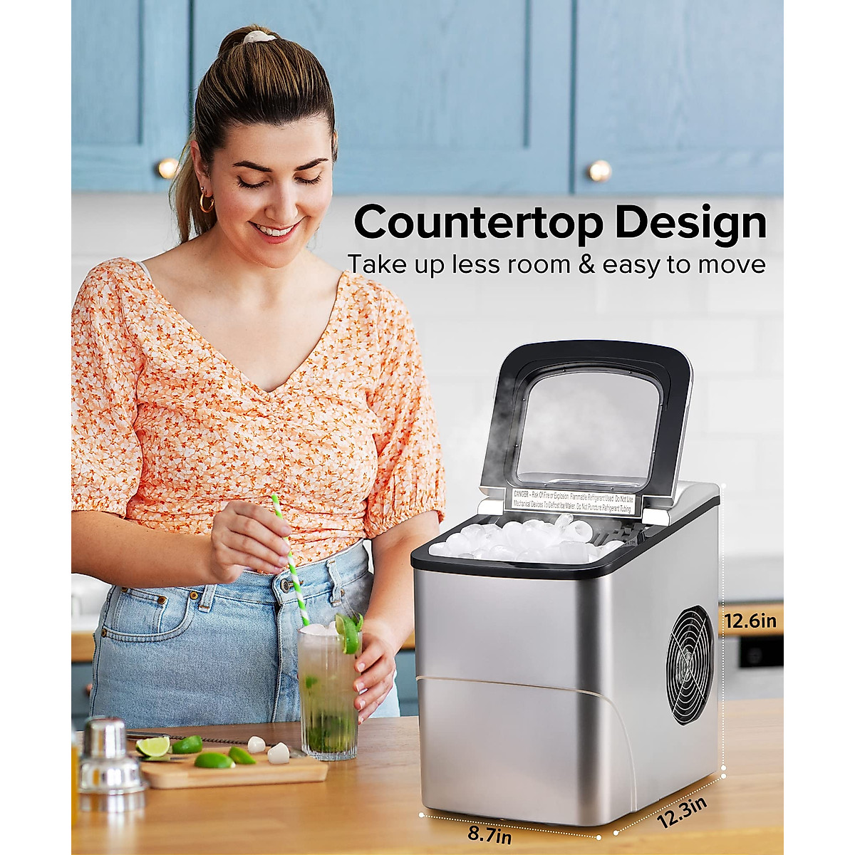 26Lbs Ice Maker Countertop, 9 Ice Cube Ready in 6 Mins, 26Lbs/24H, Self-Cleaning Ice Maker Machine, 2 Sizes Ice Cube Portable Ice Maker, Ice Scoop/Basket/Hook/5pcs Ice Bags, for Home Camping Party RV