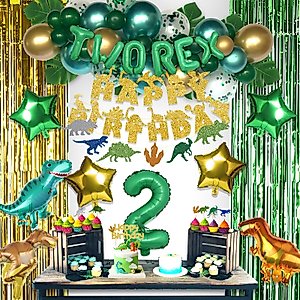 Dinosaur 2nd Birthday Decorations for Boy, Party Inspo Dinosaur Two Rex Happy Birthday Banner Cake Cupcake Toppers, Dinosaur Green