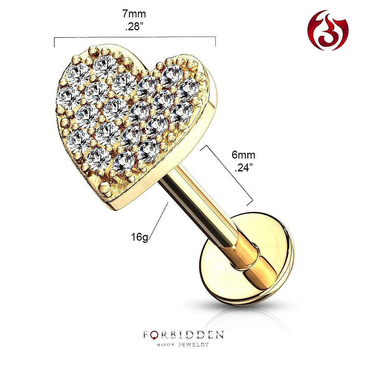 Forbidden Body Jewelry 16g 6mm Internally Threaded Cartilage/Tragus/Labret/Monroe Stud w/CZ Heart Top, 14k Gold Plated