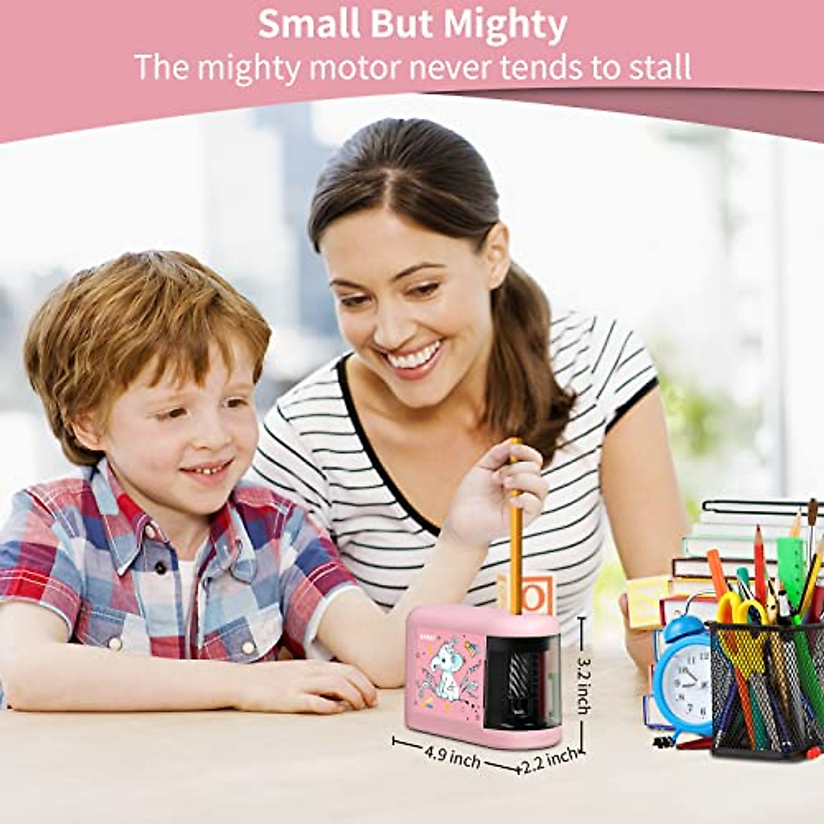 AFMAT Electric Pencil Sharpener for Kids, Cute Pink Pencil Sharpener (Elephant Pattern), Cordless Pencil Sharpener for 8mm Pencils, Battery Operated Electric Pencil Sharpener for Home, Office, School