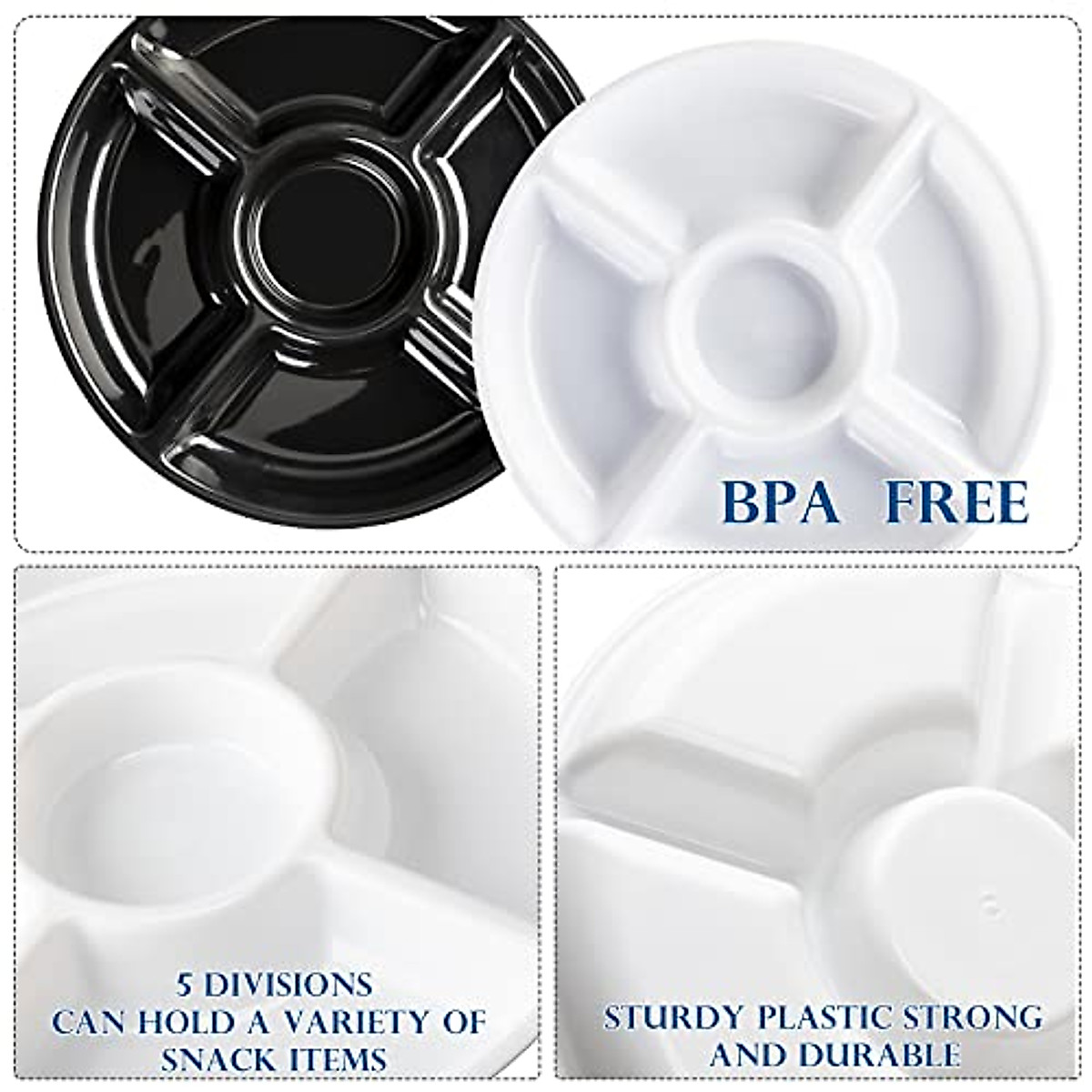 24 Pcs 5 Sectional Round Plastic Serving Tray 12 Inches Divided Plates Plastic Chip and Dip Bowl with Dividers Fruit Platter Tray for Parties Veggie Dish Tray for Food Candy Party, Black and White