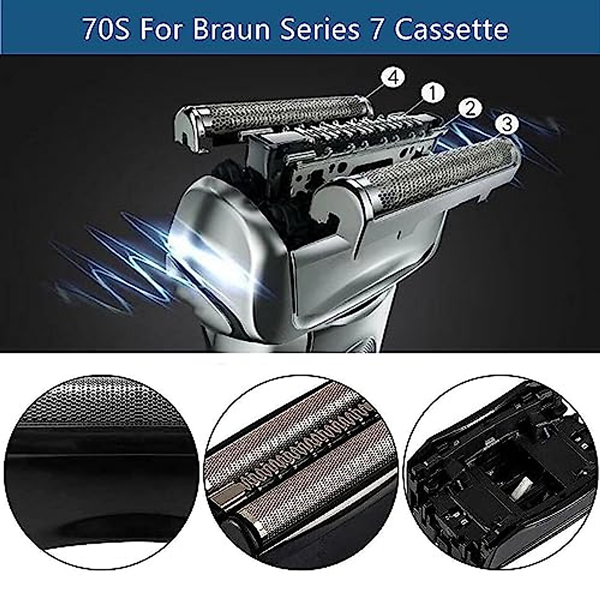 Series 7 70S Replacement Head Shaver Blade Foil & Trimmer Cassette Head, 70S Shaving Replacement Head Fit for Braun Razor Head Series 7 (799cc, 795cc, 790cc-4, 760cc, 750cc, 735s, 730) & for Pulsonic