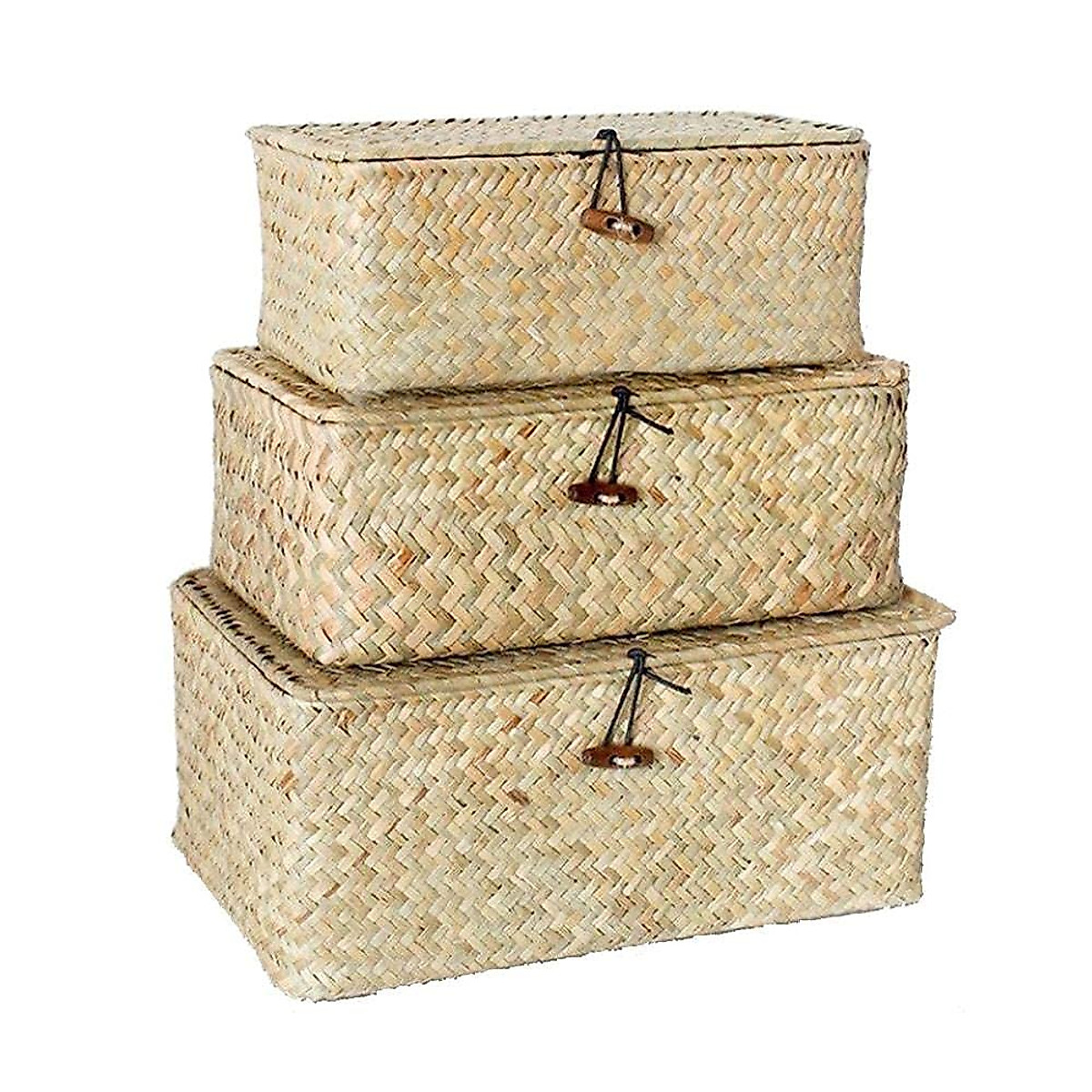 Storage Shelf Basket with Lid Rectangular Handmade Seagrass Rattan Woven Makeup Organizer Multipurpose Container Natural Box for Shelves