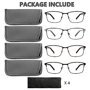 4 Pack Reading Glasses for Men, Blue Light Blocking Computer Readers, Anti UV Ray/Eye Strain/Glare, Metal Frame Eyeglasses with Pouches(200 Magnification Strength)