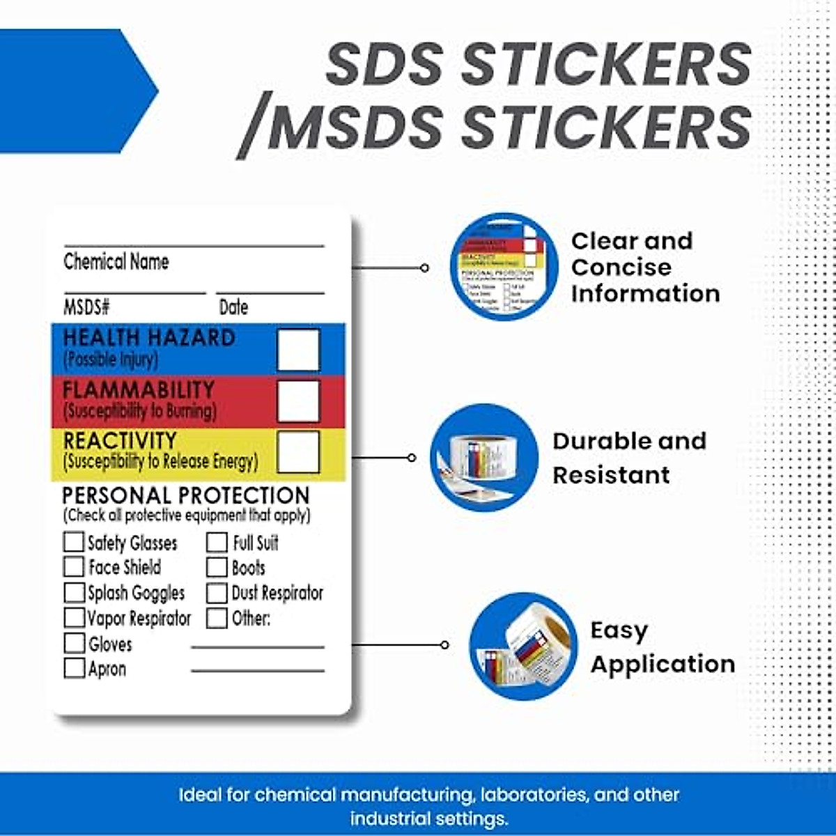 SDS Stickers 500 Stickers - 2 Rolls of 250, 1.5" x 2.5", Right To Know- Chemical Identifying and Marking Sticker Decals