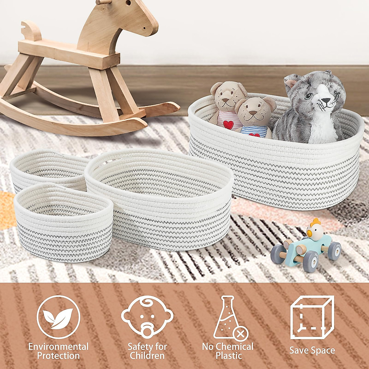 Baskets&Bins for Shelf Storage Organizing/Woven Baskets for Storage/Cotton Rope basket set of 4/Rectangle Toy Basket/Cute Storage for gift/for Bedroom with the Handle, Star Gauze, Ribbon (White)