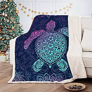 Turtle Blankets and Throws for Kids and Adults Sherpa Blanket Sea Turtle Printed Pruple and Blue Soft Fleece Throw Blanket Fuzzy Gifts for Turtle Lovers