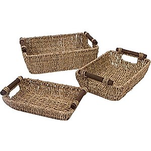 Seagrass & Wood Handled Baskets by Trademark Innovations (Set of 3)