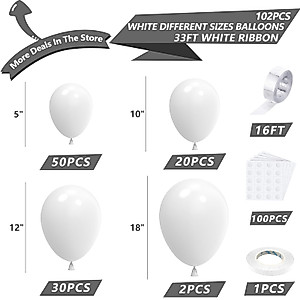 NISOCY White Balloons Arch Kit, 102PCS 18In 12In 10In 5In Arch Garland for Wedding, Bride Engagement, Festival Picnic, Birthday, White Theme Anniversary Christmas Decoration With 33FT Ribbon