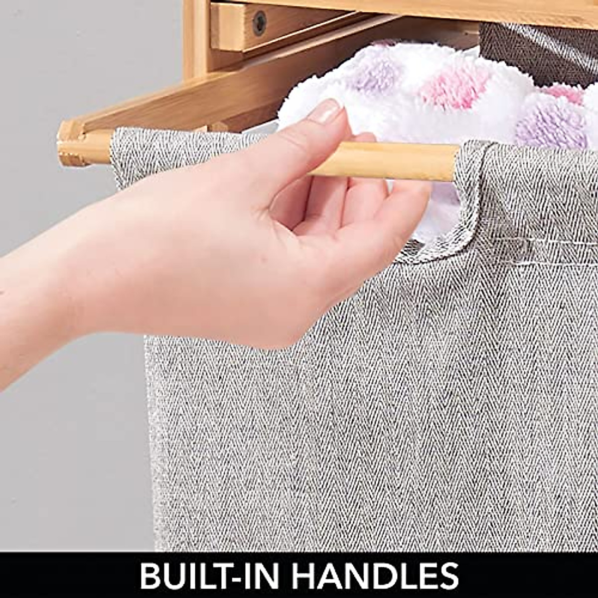 mDesign Freestanding Bamboo 2 Section Double Laundry Organizer Hamper with Removable Storage Sorter Bags, Space-Saving Basket Duo with Handles for Clothes/Linens - Echo Collection - Natural/Tan