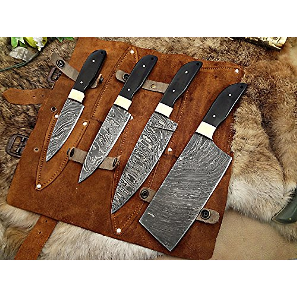 4 Pieces Chef Knives Set, Slicer, Chef, Cleaver Overall 37 inches Full Tang Hand Forged Damascus Steel Blade, Custom Made Leather Sheath