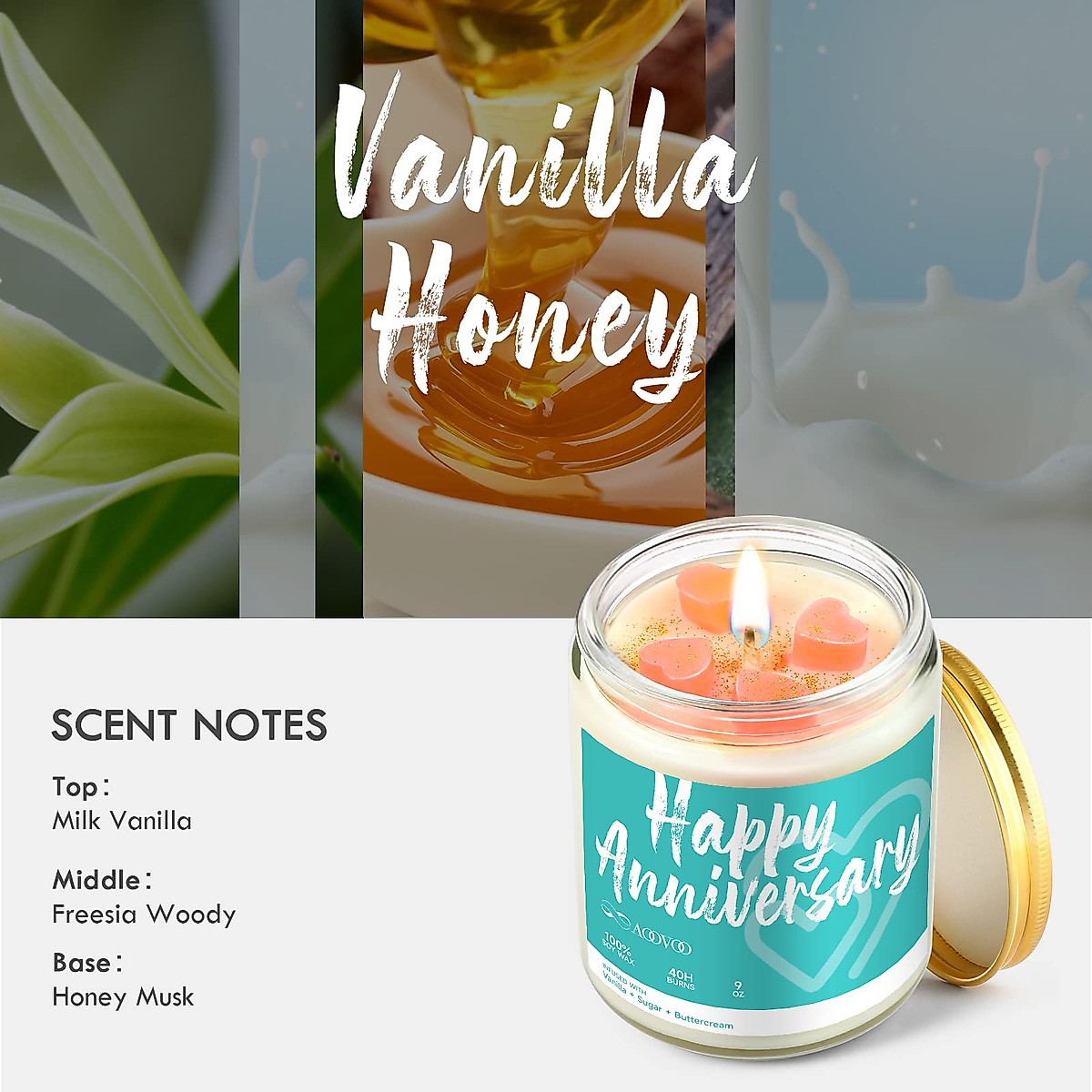 AOOVOO Anniversary Candle for Couple - Happy Anniversary, Vanilla Scented Soy Wax Candle, Scented Candles, Scented Candles, Soy Candle, 9oz
