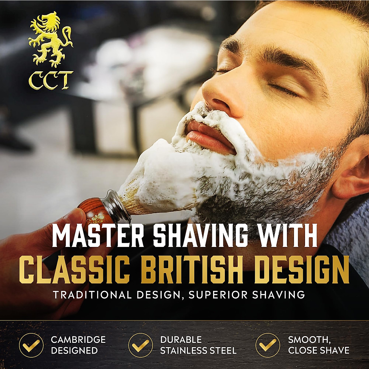 The Cambridge Cut Throat® Luxury Missanda Hardwood and Stainless Steel Men's Shaving Brush for Soap, Foam or Cream with Premium Synthetic Silvertip Vegan Friendly Badger Bristles Male Grooming Present