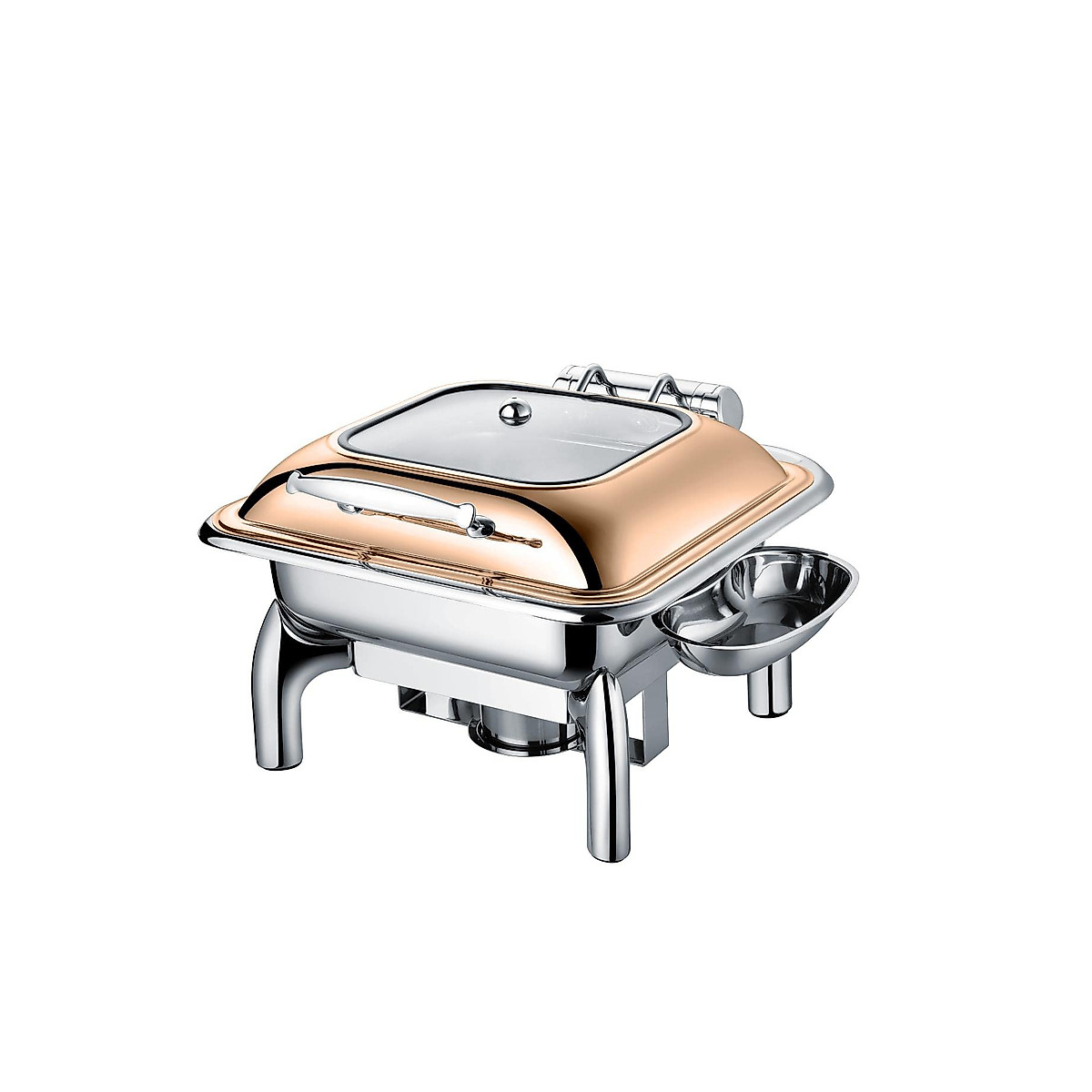 CHEFQ Elegant Chafer Dish with Rose Gold Accents - Hydraulic Hinge with Glass Window Cover- 6-qt capacity - Square–Includes Food Pan, Water Pan and Fuel Holders–keeps food warm in catered events
