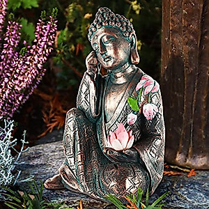 MIBUNG Zen Meditating Buddha Garden Statue Outdoor, Large Bronze Lotus Sitting Buddha Decor with Solar Lights Asian Art Ornament Sculpture, Patio Yard Lawn Home Decorations, Housewarming Gifts
