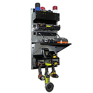 Wall Control Power Tool Storage Organizer Kit Cordless Drill Holder Charging Station Rack 16” x 32” Metal Pegboard Organization System (Metallic Pegboard)