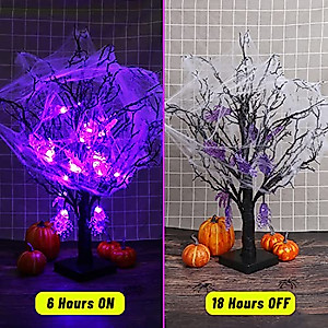 KIMOBER 24 Purple LED Lighted Halloween Tree,Battery Operated Light Up Black Birch Tree with Skeleton Hand Spider Ornaments for Halloween Party,Home Desktop Decorations