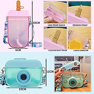 2 Pieces kawaii Water Bottles with Straw and Strap, Cute Plastic Camera Ice Cream Popsicle Cartoon Water Bottle Leakproof Water Cups Juice Drinking Bottle for School Girls Summer Outdoor