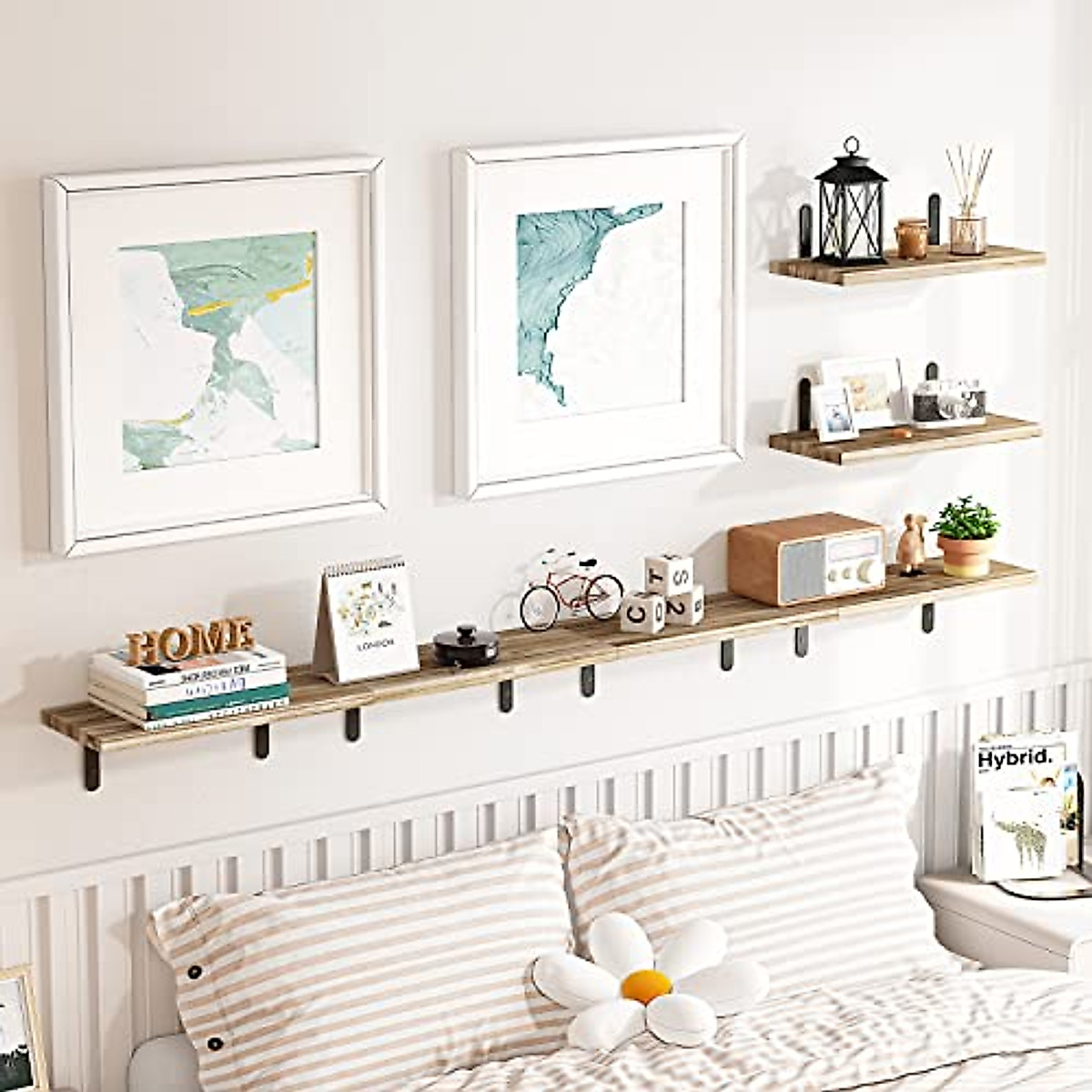 Fixwal Floating Shelves, Rustic Wood Wall Shelves Set of 6, Shelves for Wall Decor, Farmhouse Style for Bedroom, Living Room, Kitchen, Bathroom, Office and Plants (Carbonized Black)