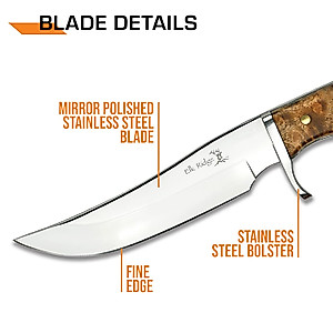 Elk Ridge - Outdoors Fixed Blade Knife, 9.5-in Overall, Satin Finish Stainless Steel Blade, 2 Tone burl Wood Handle, Genuine Leather Sheath, Hunting, Camping, Survival - ER-085