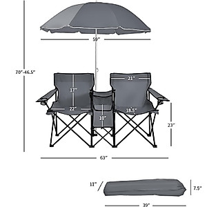 Goplus Double Camping Chair with Umbrella, Folding Loveseat Chairs w/Canopy Shade, Carrying Bag, Table, Cup Holder, Portable Beach Chairs Outdoor Picnic Patio (Grey)