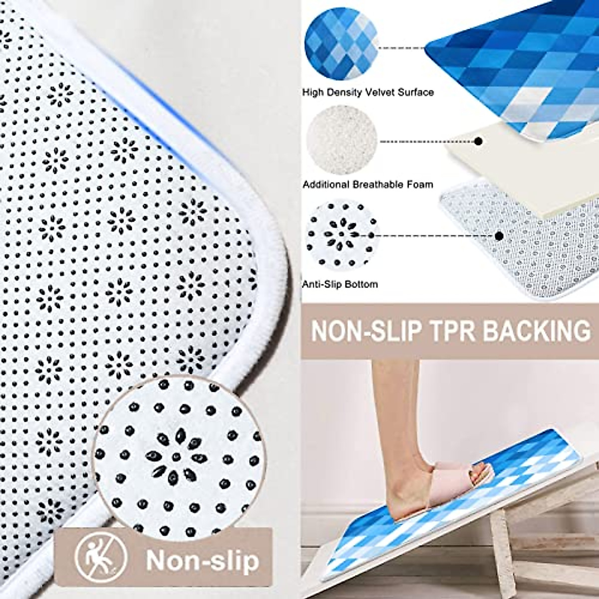 Geometric Blue Grid Triangle Abstract Bathroom Sets with Shower Curtain and Rugs and Accessories, Contemporary Blue Shower Curtain Sets, Blue Shower Curtains for Bathroom,Blue Bathroom Decor 4 Pcs