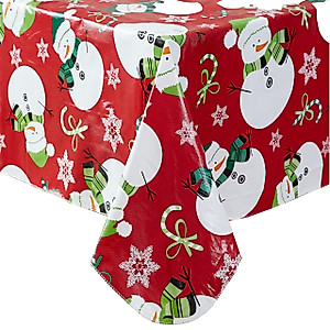 Newbridge Red Swirling Snowman Christmas Vinyl Tablecloth with Flannel Backing, Candy Cane and Snowflakes Xmas Easy Care Vinyl Winter Holiday Tablecloth, 60” x 102” Oblong/Rectangle