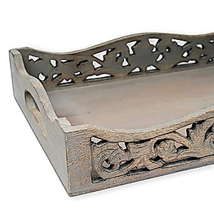 GoCraft Handmade Wooden Tray with Handles | Wood Ottoman Tray, Serving Tray for Breakfast in Bed, Tea, Coffee with Cutout Handles | Grey Washed Finish, Lattice Design (15" X 10" x 3")