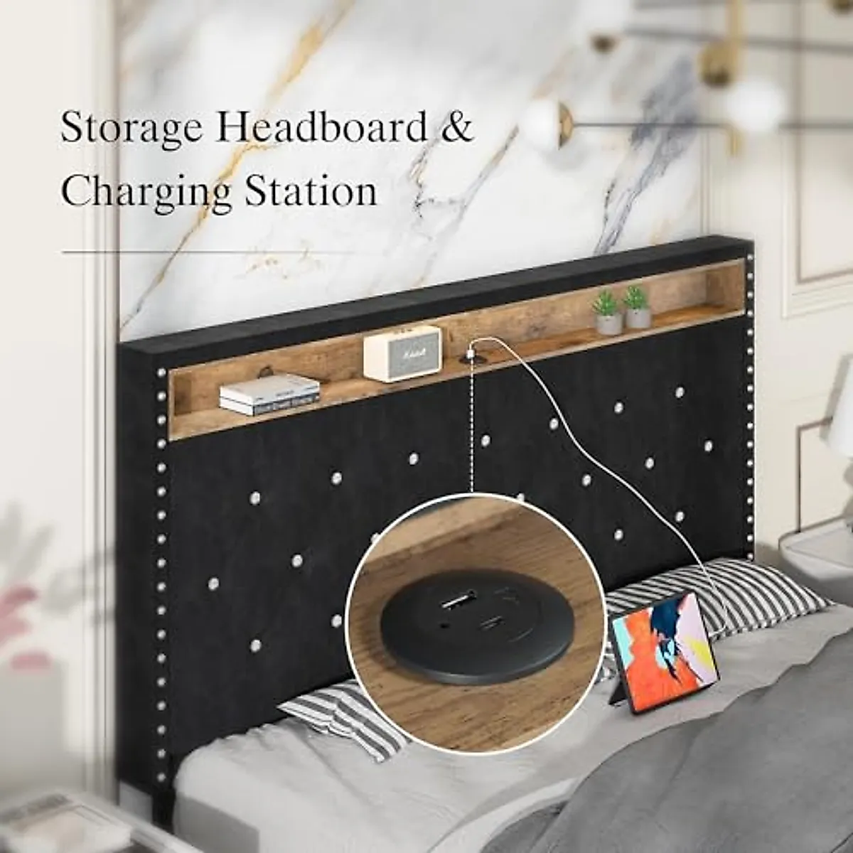 HOMBCK Queen Size Bed Frame with Led Lights, Storage Shelf Headboard, Black Velvet Upholstered, No Box Spring Needed, Noise-Free