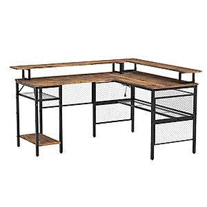 Unikito L Shaped Desk with LED Light and Power Outlet, Reversible Corner Computer Table with Monitor Stand and Storage Shelf, Modern L- Shaped Gaming Desk, Ergonomic Home Office Desk, Rustic Brown