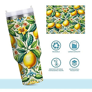 Jihqo Ceramic Tile Lemon Leaves 40 oz Stainless Steel Vacuum Insulated Tumbler with Handle and Straw Lid, Leakproof Water Bottle Double Wall Travel Mug Coffee Cup, Cupholder Friendly