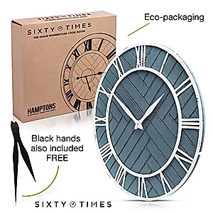 Sixty Times Hamptons - - Wall Clock 24 Inch - - Silent - - Metal & Wood - - Rustic Ocean Blue & White
