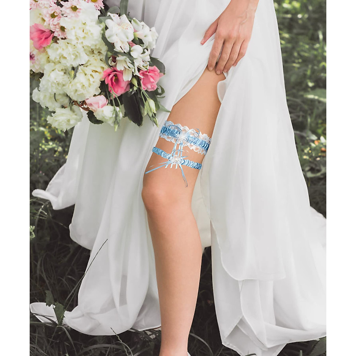 RIMOBUL 2 Pieces Wedding Garters Lace Bridal Garter Faux Pearls Garter for Bride with Toss Away（Light Blue）