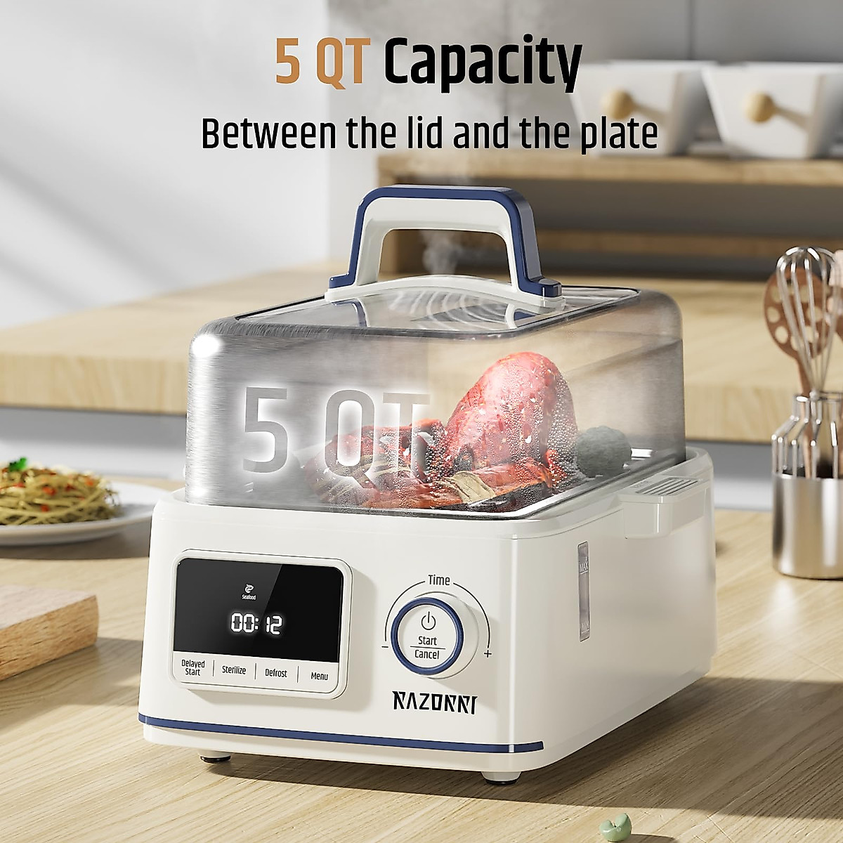 Razorri Electric Food Steamer 5-Quart Stainless Steel with Timer, 24H Delayed Start, Auto Keep Warm, and Large 68 Oz Water Capacity - Ideal for Cooking Healthy Vegetables, Poultry, Fish, Meat and more