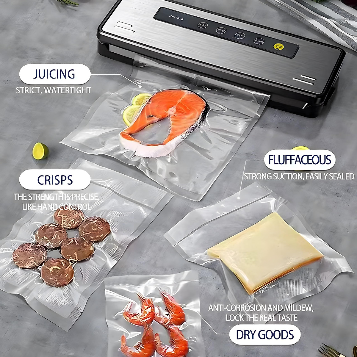 Vacuum Sealer Machine, Dry Moist Vacuum Sealer With 10 Mini Food Storage Bags, Kitchen Full Automatic Air Sealing System for Sous Vide, Snacks Freshness, Stainless Steel Panel, Led Indicator Light