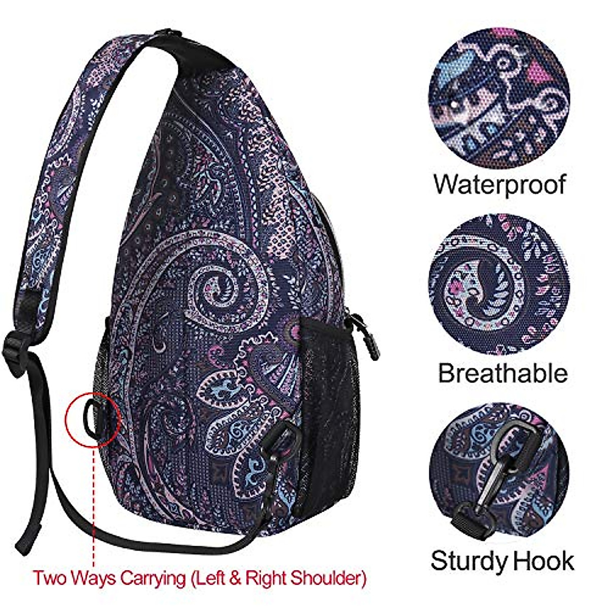 MOSISO Sling Backpack,Travel Hiking Daypack Pattern and Fan-shaped Rope Crossbody Shoulder Bag, Navy Blue Base Totem Texture&Black