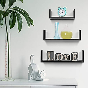 Americanflat Black Floating Shelves - Set of 3 - U Shaped Wall Mounted Display Ledges for Bedroom, Living Room, Bathroom, Kitchen, and Office