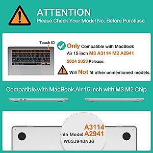 MOSISO Compatible with MacBook Air 15 inch Case 2023 2024 Release M3 A3114 M2 A2941 with Touch ID, Plastic Hard Shell Case&Carrying Sleeve Bag&Keyboard Cover&Webcam Cover&Screen Protector, Clear&Gray