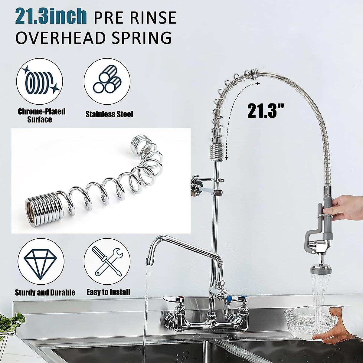 Commercial Sink Sprayer with Flexible Hose & Pre-Rinse Overhead Spring, High-Pressure Dish Spray Valve 38inch Stainless Steel Hose Easy Installation for Home Commercial Restaurant Industrial (Gray)