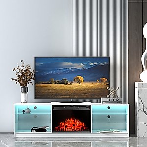Fireplace TV Stand with 27" Electric Fireplace, Modern LED Light Entertainment Center and Media Console with 6 Storage Cabinets for Living Room,with Highlight Storage Cabinet for TVs Up to 80" (White)