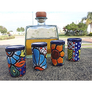 MEXTEQUIL - Talavera Shot Glasses Set of 4 Authentic Mexican Tequila Shot Glasses - Hand-painted - 2 Oz (Flowers)