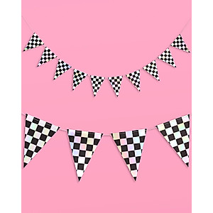 xo, Fetti Checkered Black and Iridescent Party Decorations Flag Banner - Set of 4, 32 Ft | Bachelorette Party Disco Garland, Monster Truck Birthday Party Supplies, Racecar Kids Decor