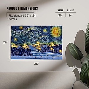 Lantern Press 24x36 Inch Giclee Art Print Wall Decor, Loon New Hampshire Ski Starry Night