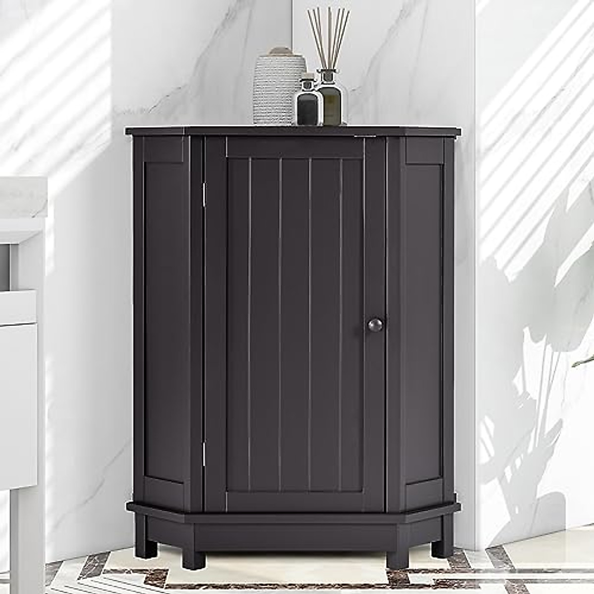 Elegantabode 30'' Modern Corner Cabinet, Freestanding Narrow Storage Cabinet, Adjustable Shelf, MDF Board, Triangle Cabinet Organizer for Living Room Bathroom Kitchen, Black