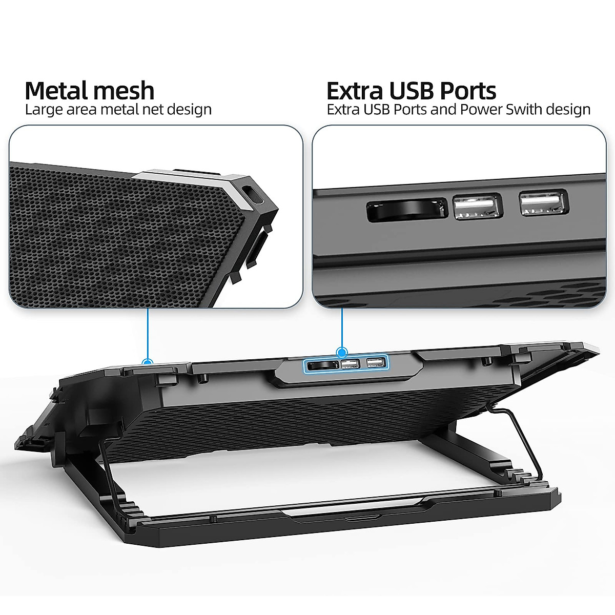 KYOLLY Upgrade Laptop Cooling Pad,Gaming Laptop Cooler with 5 Quiet Fans,2 USB Ports,5 Adjustable Stand Height,Blue LED Lights,for 15.6 Inch Laptops