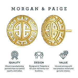 MORGAN & PAIGE Sterling Silver Greek Earrings, Greco Design Gold Stud Earrings with Laser-Cut Detailing, 18K Gold Plated Circle Earrings, Greek Jewelry Gifts for Women