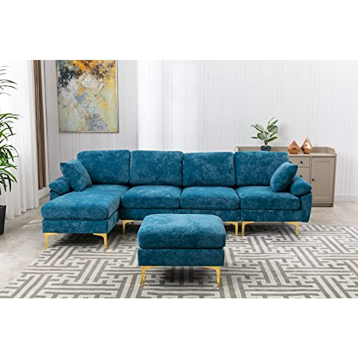 Wekity Sectional Sofa, U-Shaped Modern Fabric Modular Sofa for Living room, Minimalist Sectional Couch with Ottomans (Blue)