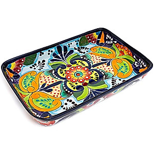 Enchanted Talavera Pottery Mexican Hand Painted Ceramic Rectangle Serving Platter Dish Appetizer Plate Tray Food Mexican Floral Pattern Thanksgiving Holiday Party Fiesta (Large 13.2 x 9 x 2, Multi)