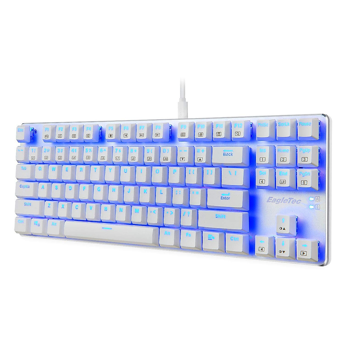 EagleTec KG061-BR BLUE LED Backlit Mechanical Gaming Keyboard Low Profile Mechanical Gamers Keyboard 87 Key Mechanical Computer USB Gaming Keyboard for PC (WHITE VERSION)